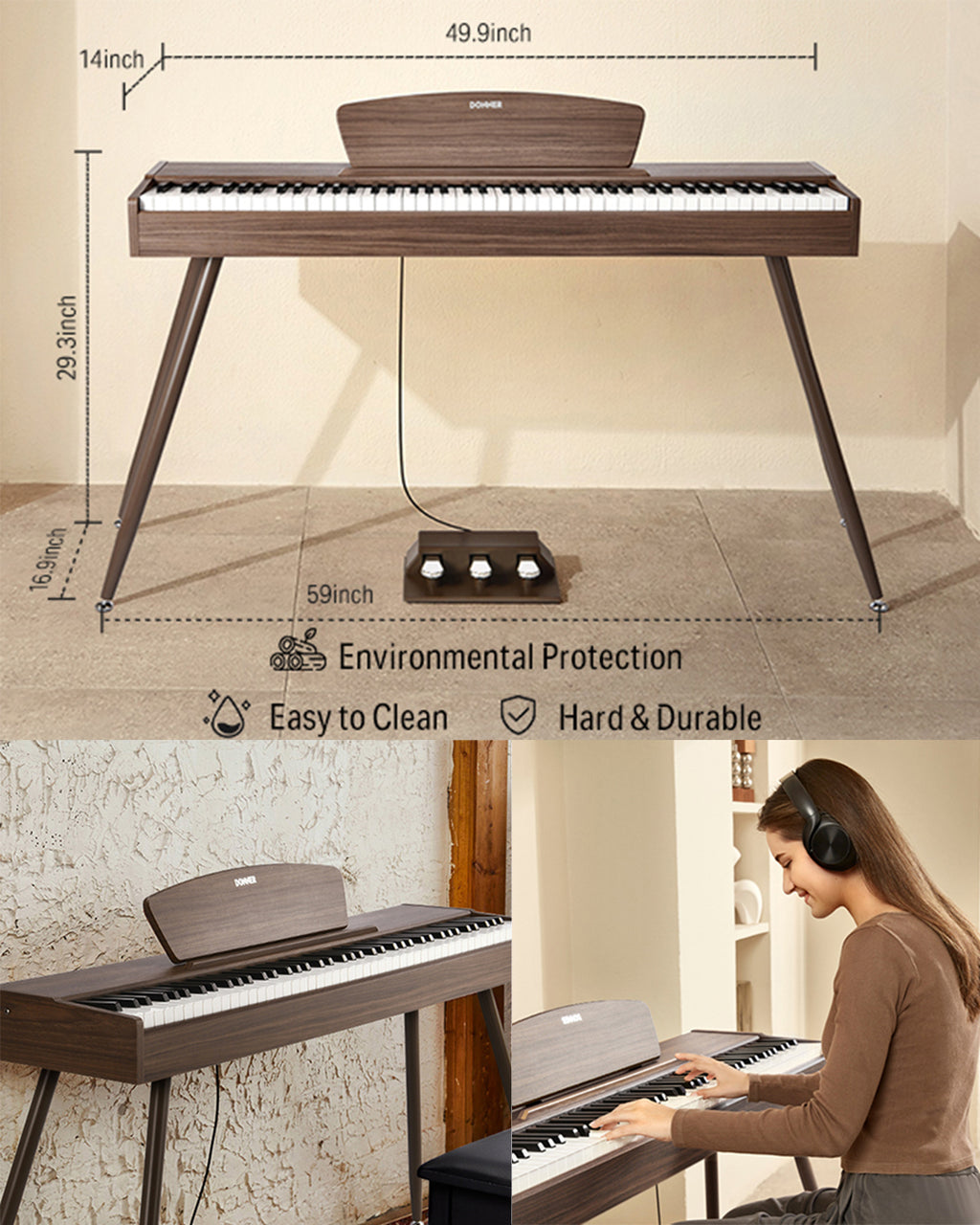 Donner DDP-80 Digital Piano 88 Key Weighted Keyboard, Walnut Wood Colo ...
